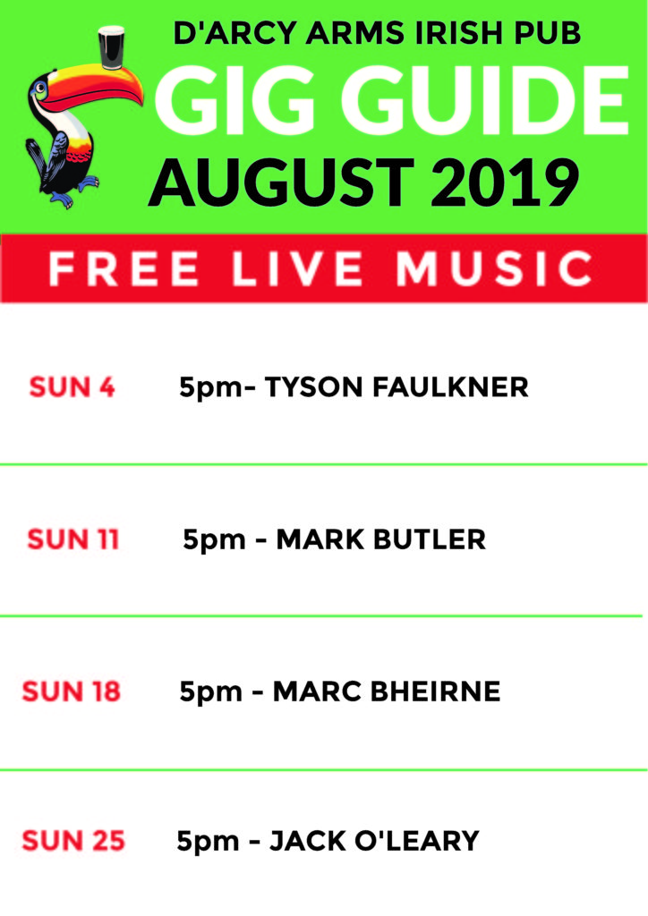 AUGUST GIG GUIDE 2019 Poster (1) - D'Arcy Arms